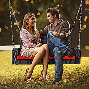 Happygrill 2-Person Porch Swing Bench Outdoor Patio Rattan Swing Chair with Soft Cushions, 7.9ft Reinforced Steel Chain, Solid Steel Frame, Perfect for Backyard, Poolside, Front Porch