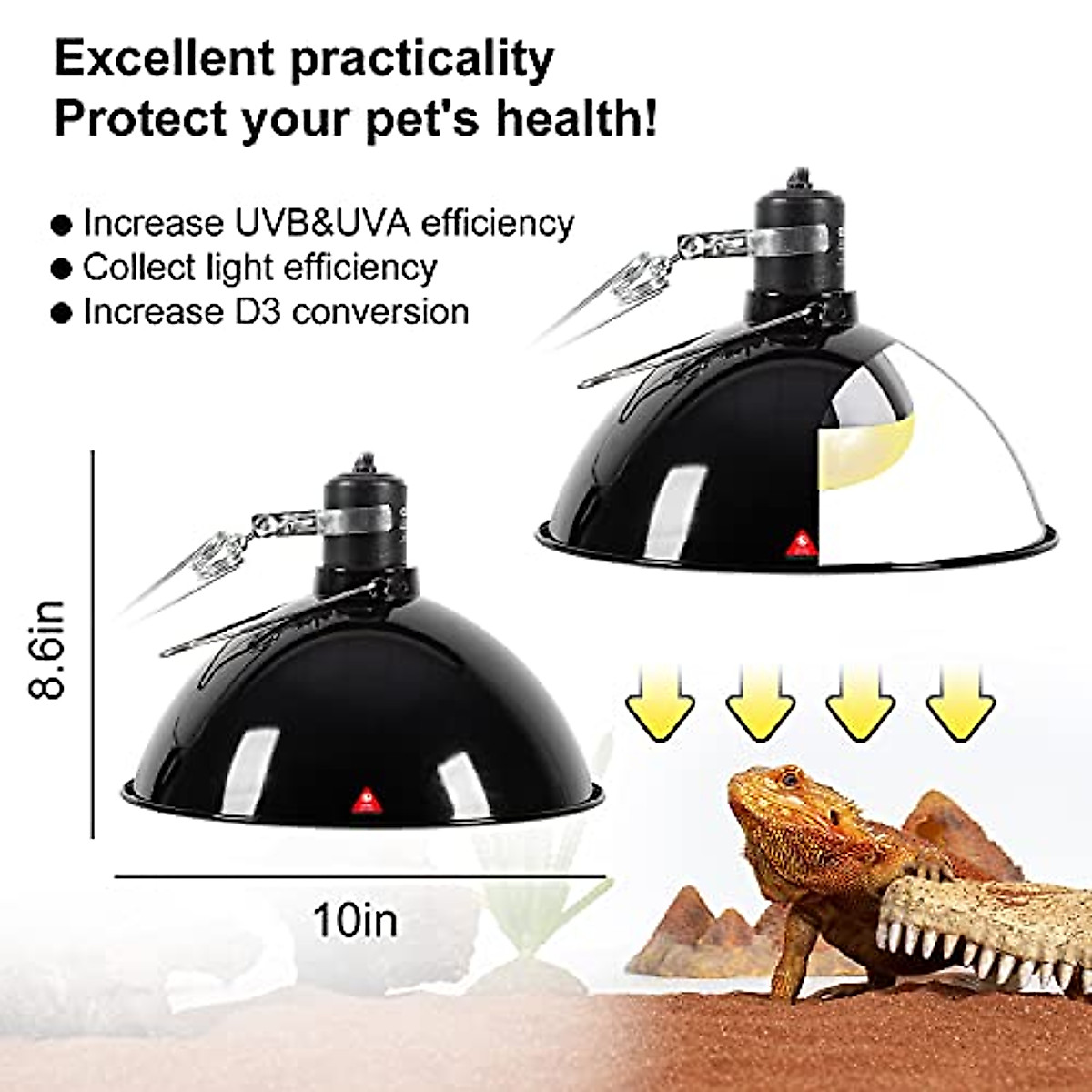 OIIBO Reptile Heat Lamp Fixture,10 Inch Deep Dome Reptile Light Fixture with 250W Ceramic Heat Lamp,UVB Reptile Light for Reptile Glass Terrariums