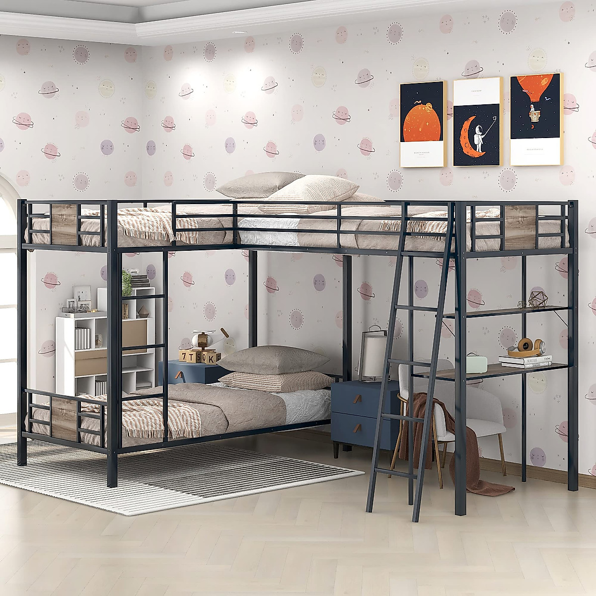DEYOBED Twin Over Twin Metal L-Shaped Triple Bed Bunk Bed with Twin Size Loft Bed, Desk and Shelf for Kids Teens Adults
