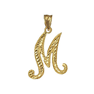 LA BLINGZ 10K Yellow Gold Sparkle-Cut Letter Initial Script Pendant (Letter M)