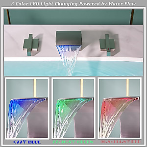 Brushed Nickel LED Bathroom Sink Faucet 3 Holes,AUU Waterfall Bathroom Vanity Sink Faucets Solid Brass,2 Handles 8 Inch Countertop Faucets with Pop Up Drain (Brushed Nickel)