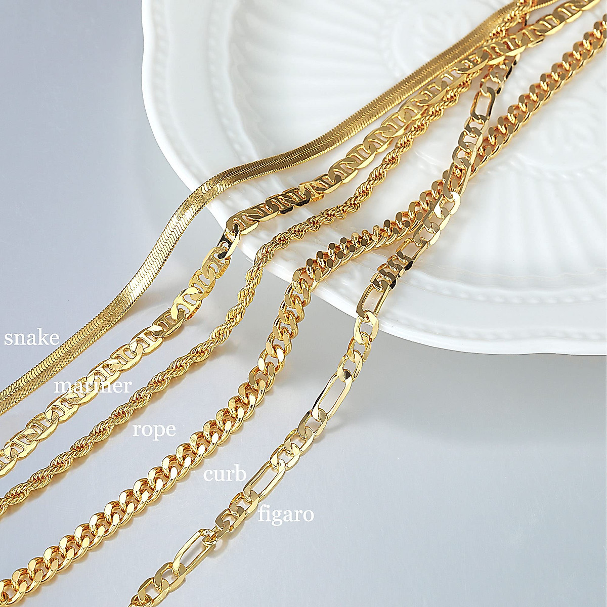 NECOCY Gold Ankle Bracelets for Women,14K Real Gold Plated Anklets Herringbone Figaro Flat Mariner Dainty Layered Anklet Set 3pcs Cute Summer Beach Chain Anklets for Women