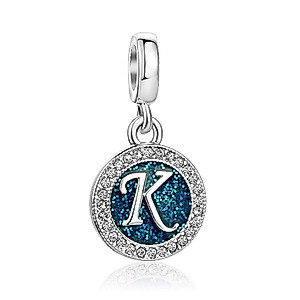 KunBead Initials K Letter Spakling Blue Alphabet Dangle Birthday Charm Compatible with Pandora Bracelet for Women