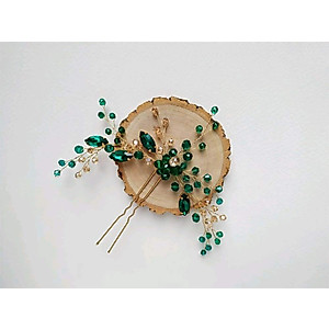 Denifery Bridal Hair Pin Emerald Gold Hair Piece Emerald Hair Clip Gold Green Hairpin Emerald Headpiece Gold Wedding Hair Accessories