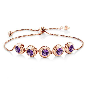 Gem Stone King 18K Rose Gold Plated Silver Purple Amethyst Tennis Bracelet For Women (3.50 Cttw, Round 6MM, Gemstone February Birthstone, Fully Adjustable Up to 9 Inch)