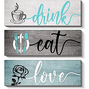 Creoate Teal Kitchen Wall Decor Art, Set of 3- Eat Drink and Love Wood Plaque, Dinning Room Wall Art Rustic Farmhouse Decor, Turquoise, Gift for Home