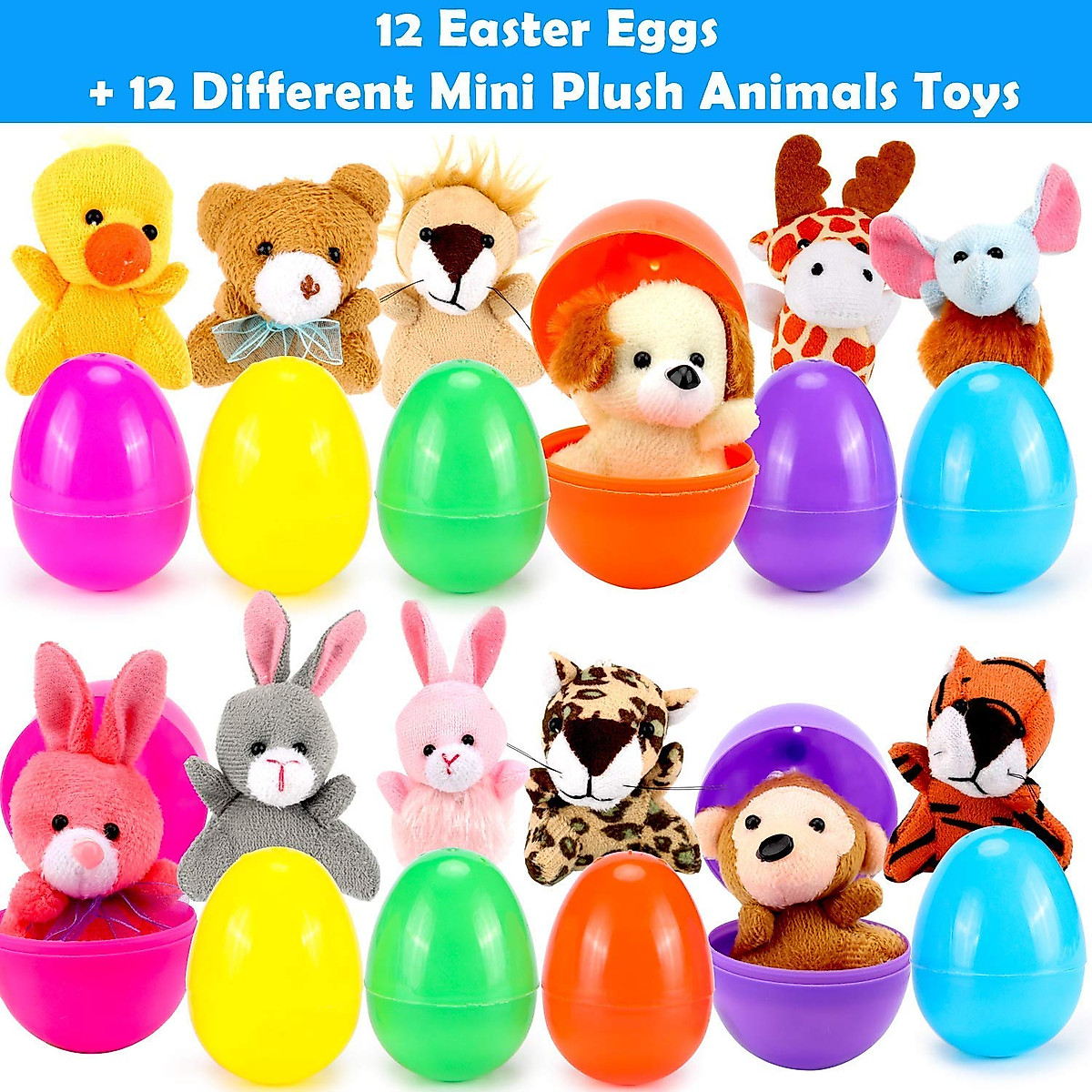 UFUNGA 12 Pack Prefilled Easter Eggs with Animal Plush 3.15Inch Plastic Easter Eggs for Easter Hunts, Basket Stuffers