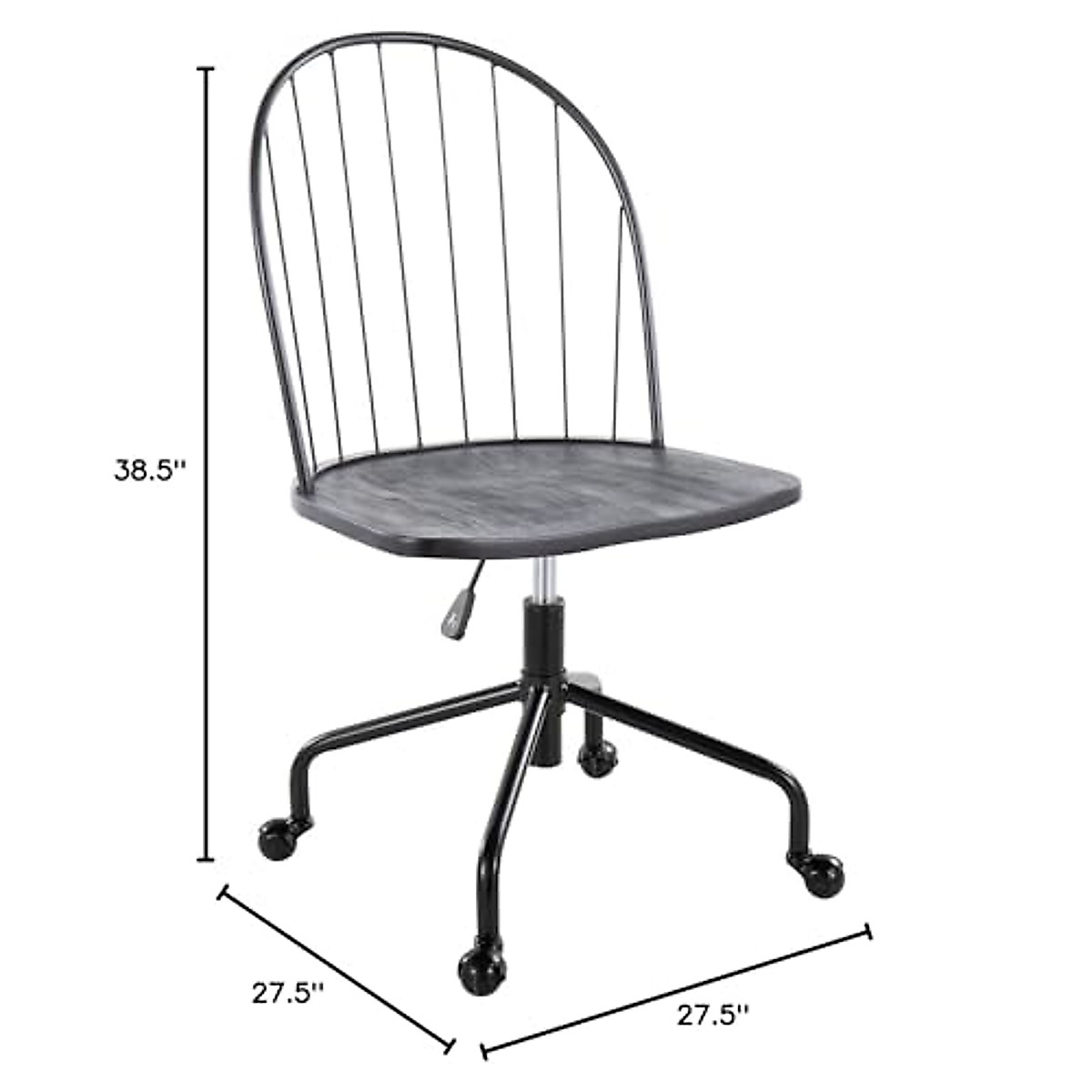 LumiSource Riley Adjustable High Back Office Chair, Farmhouse Style, Black Wooden Desk Chair with Wheels, Arm Rest, Recliner, 18 lbs, 27.5"L × 27.5"W × 38.5"H