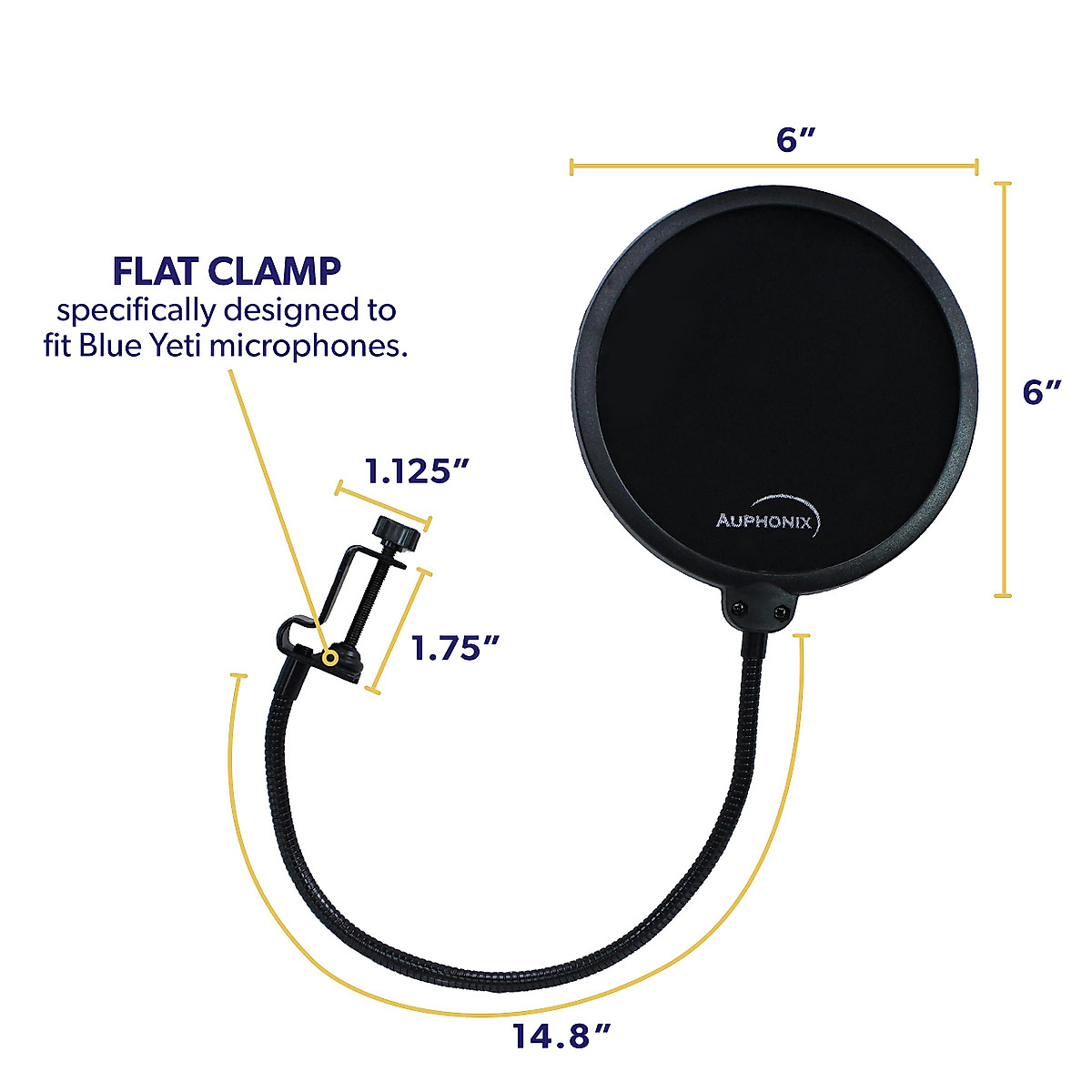 Auphonix Pop Filter Screen for Microphones - Gooseneck Clamps Compatible with Blue Yeti Microphone - Great Gift