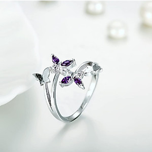 LRGKMCWTOB Women's 925 Sterling Silver Jewelry Shiny Butterfly Opening Adjustable Purple Zirconia Rose Gold Plated Rings Birthstone CZ Butterfly Shape Purple Austrian Crystals Rings (Silver)