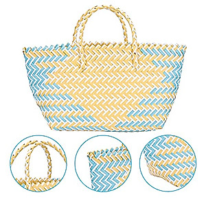Yardwe Hand- Woven Straw Handbag Bag Wicker Handbag Basket Purse Retro Women Straw Tote Blue+ Yello
