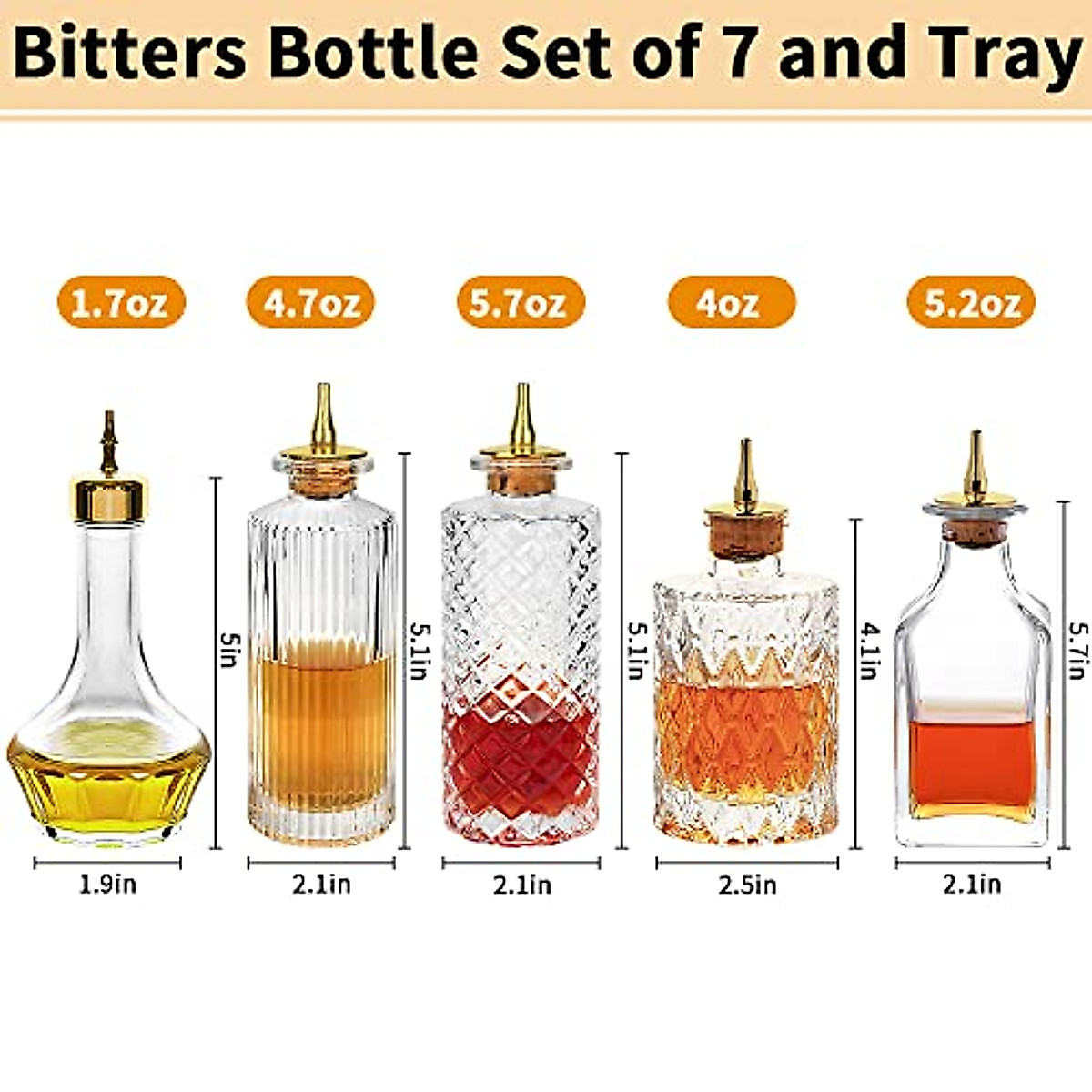 Bitters Bottle - Set of 7 Glass Dash Bottle Decorative Bottles with Dasher Top Perfect for Bartender Home Bar Cocktail