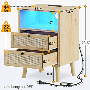 VIAGDO Rattan Nightstand with Charging Station, Led Night Stand with 2 Rattan Drawers, Bedside Tables with Solid Wood Feet, End Side Table with Open Storage Shelf for Bedroom