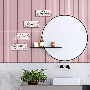 Creoate Pink Bathroom Wall Decor 4 Pieces Relax Soak Unwind Breathe Minimalist Bathroom Signs Floral Print Wooden Hanging Wall Decor for Women Small Farmhouse Home Bathroom