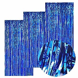 EUFARS Blue Foil Fringe Curtains, Blue Streamers Backdrop, 3Packs 3.2ft x 8.2ft Blue Metallic Tinsel Curtains for Birthday Party Photo Booth Props Backdrop Decorations