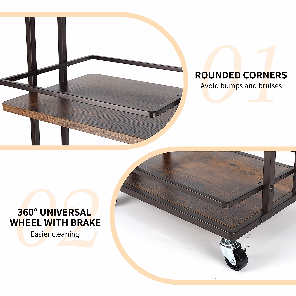 Feemiyo 3-Tier Bar Cart, Serving Bar Cart for Home with Large Storage Space, Made of Wood and Metal with Wheels，Multifunctional cart Suitable for Home Bars, Kitchens, Living Rooms, and bedrooms (Wood)