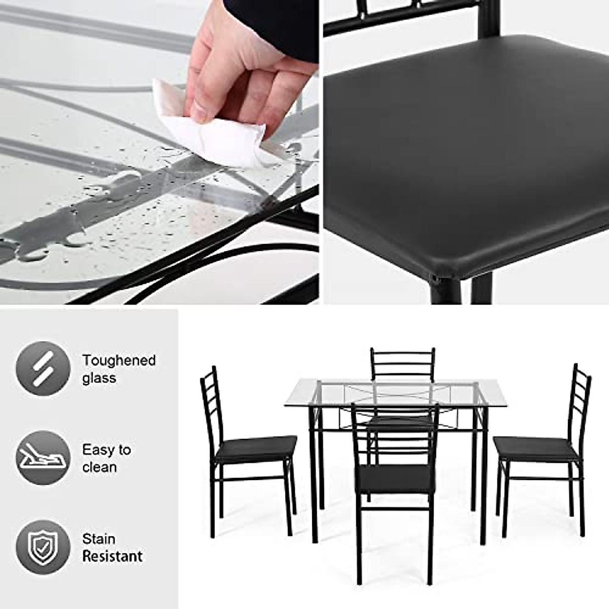 Dining Table Set Kitchen Table and Chairs for 4 Kitchen Table Dining Room Table Set Home Furniture Rectangular Modern Chairs with Metal Legs for Breakfast Nook Kitchen Dining Room (Glass)