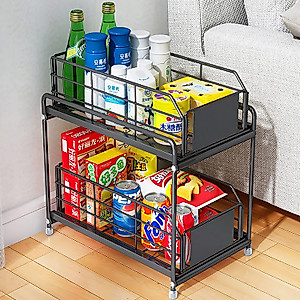 DBDEIW Pull-out Cabinet Organizer, Stackable 2-tier Under Sink Under Sink Organizers and Storage with Sliding Storage Drawer for Bathroom, Kitchen, Office, Black(1 PACK-Metal)