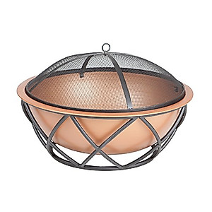 Fire Sense 62241 Fire Pit Barzelonia Copper-Look Wood Burning Lightweight Portable Outdoor Firepit Backyard Fireplace Camping Bonfire Included Screen Lift Tool & Cooking Grate - Round - 26"