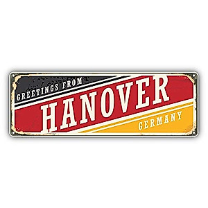 DG Graphics Hanover Retro Travel Tin Sign Art Decor 6'' x 2'' Magnet Vinyl Magnetic Sheet for Lockers, Cars, Signs, Refrigerator