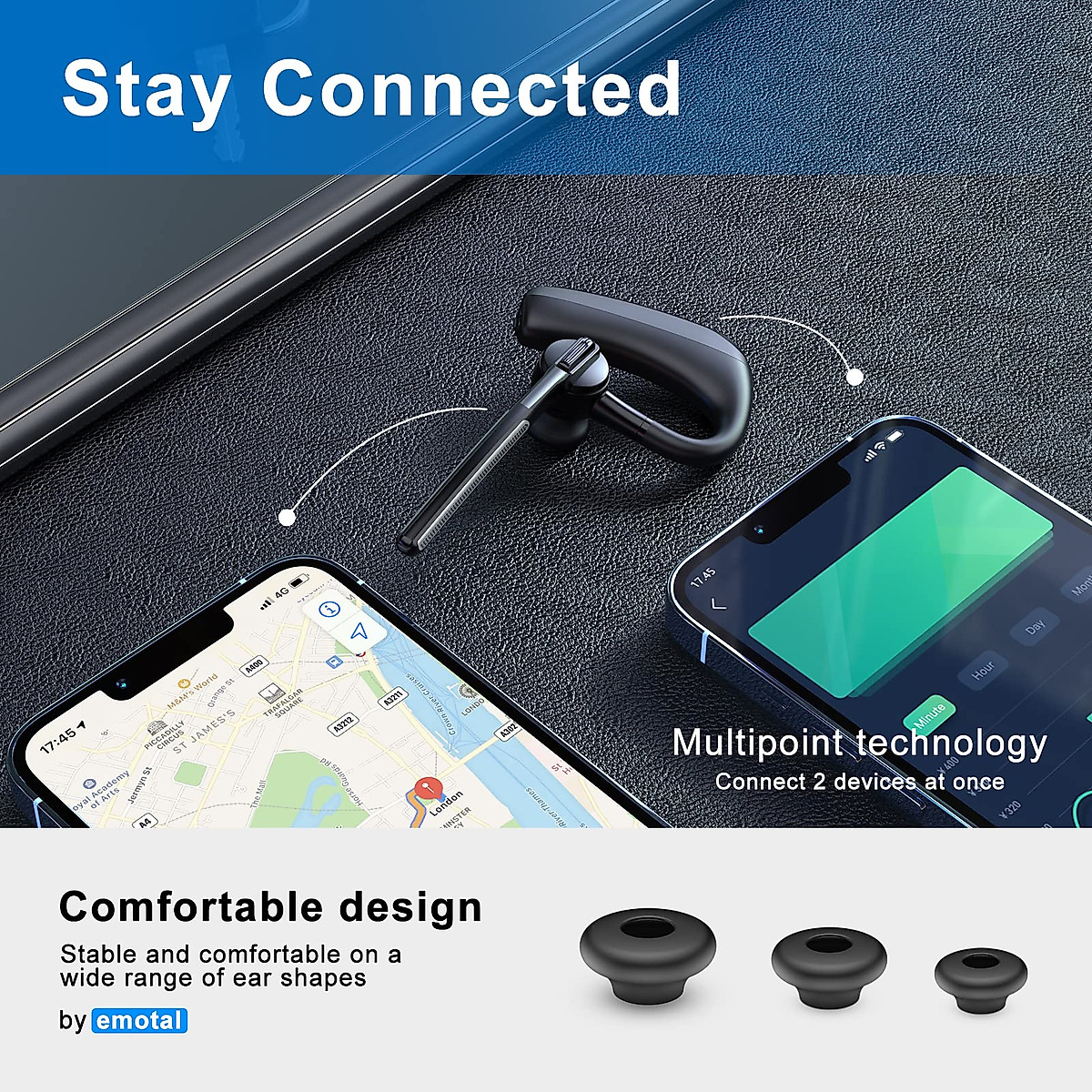 emotal Bluetooth Headset Dual-Mic ENC +CVC 8.0 Noise Cancelling Aptx HD HiFi Stereo15Hours HD Talktime 200Hours Standby Bluetooth Earpiece Compatible for iOS/Android Cellphone with Storage Case