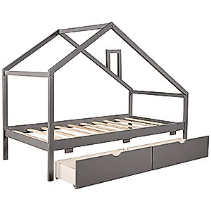 Platform Bed Daybed with Two Pull-Out Drawers and Roof, House Bed Frame for Kids, Twin Size, Gray