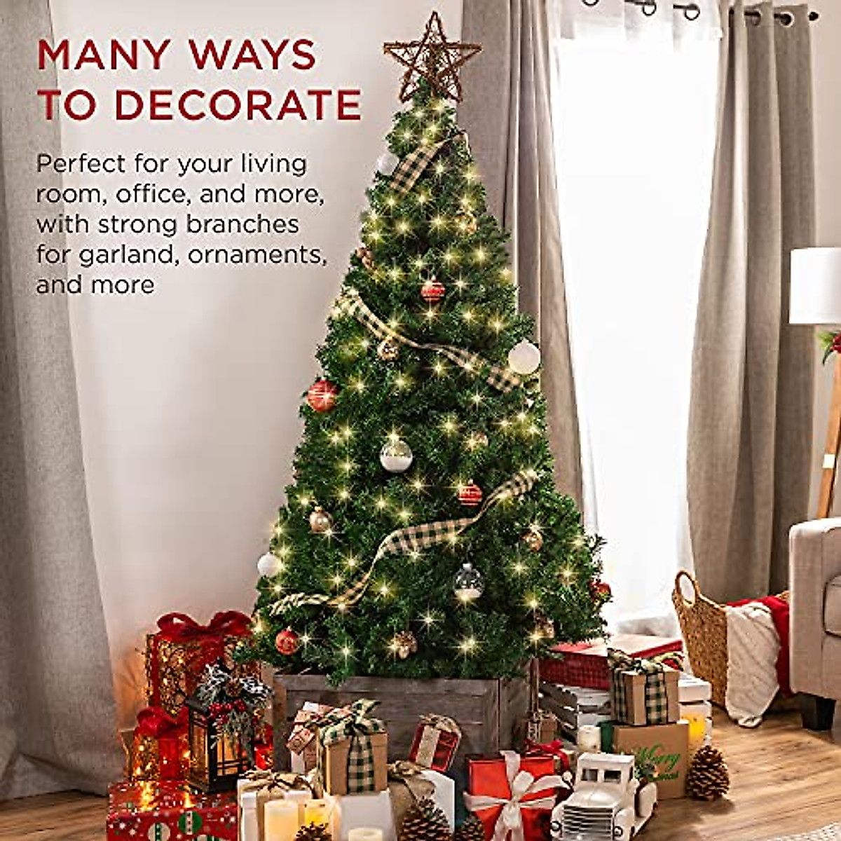 Best Choice Products 6ft Pre-Lit Premium Hinged Artificial Holiday Christmas Pine Tree for Home, Office, Party Decoration w/ 1,000 Branch Tips, 250 Lights, Metal Hinges & Foldable Base