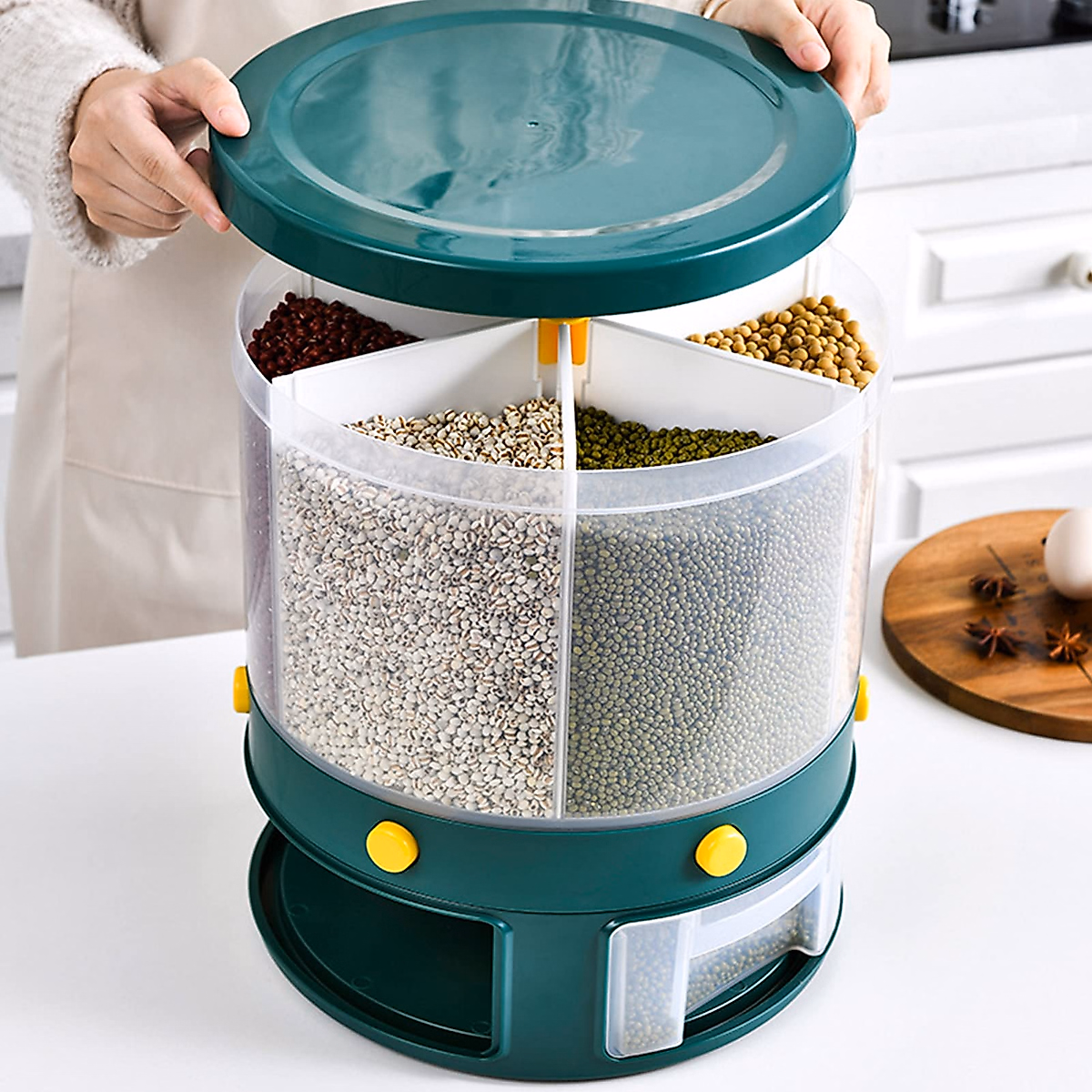 Large Rotating Food Dispenser Rice Dispenser 6-Grid Rice Bucket Whole Grains Rice Container Storage with Lid Dry Food Dispenser Storage Box for Kitchen White