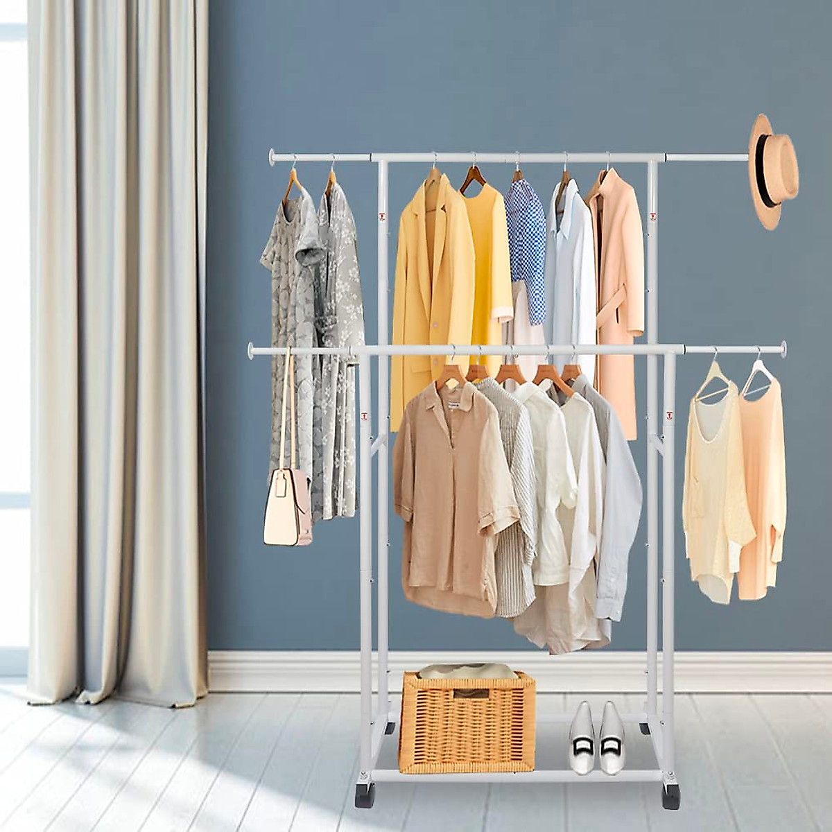 Fishat Simple Standard Double Rod Clothing Metal Garment Rack, Rolling Clothes Organizer on Lockable Wheels (White)