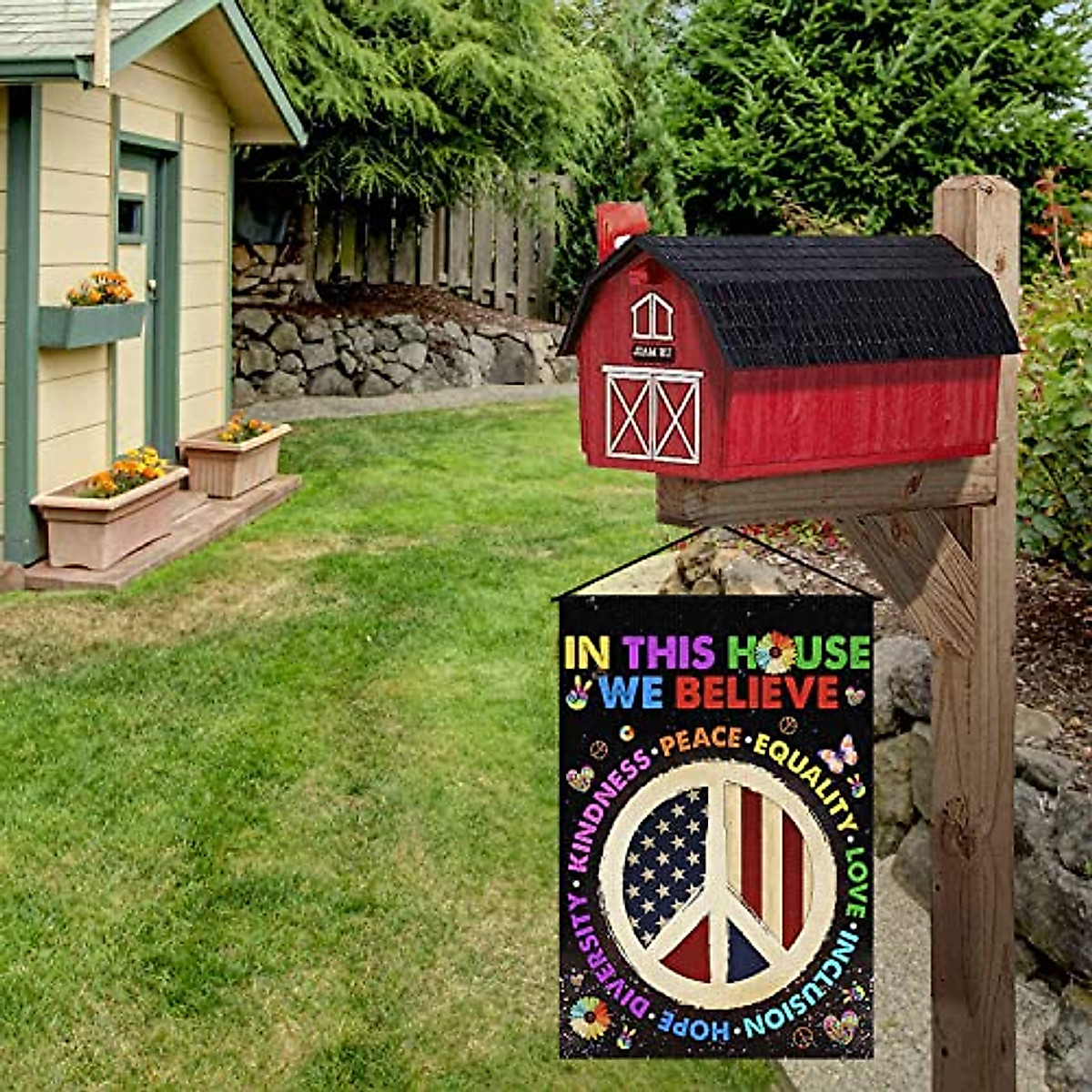 Swooflia In This House We Believe Garden Flag Small Yard Flag for Outside Decor Kindness Peace Equality Burlap Garden Banner 12x18 Inch Double Sided HYQ-223