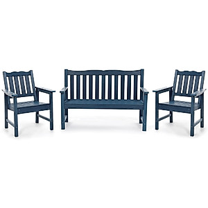 Stoog Oversized Patio Bench & Chairs Set, All-Weather Outdoor Furniture Set, Include 2 Patio Chairs and 1 Patio Bench, for Porch, Backyard, Lawn, Pool and Deck, Blue