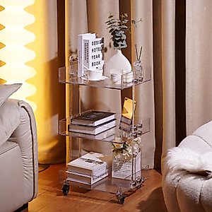 BOEASTER 3-Tier Acrylic Bar Cart,Storage Rolling Cart with Wheels,Clear Acrylic Side Table for Office School and Home