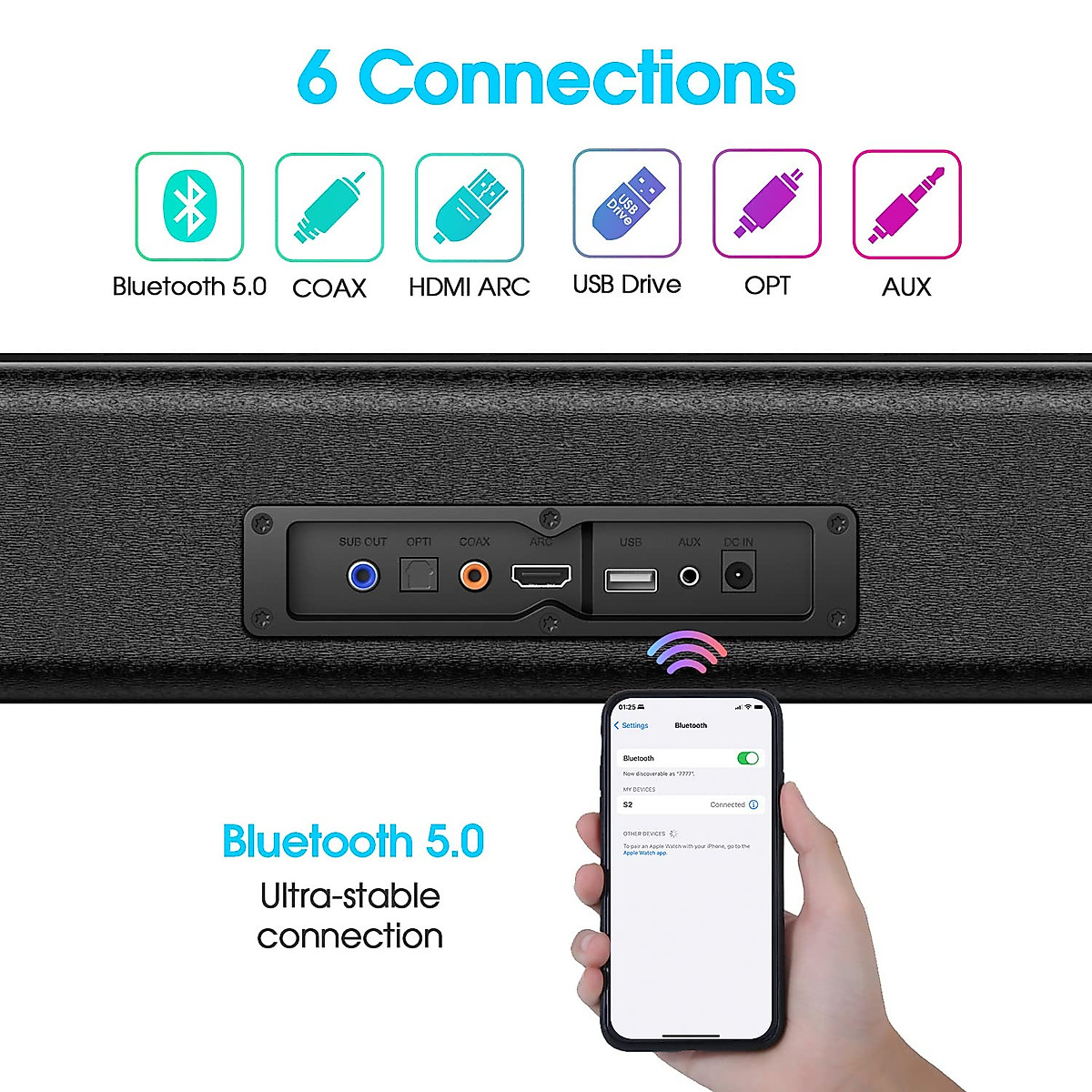 W-KING 70W Wireless Sound Bars for TV with Subwoofer (Bulit-in), 35.4" TV Speakers Sound Bar with Bluetooth/HDMI-ARC/Optical/Coaxial/AUX/RCA/USB Drive, Surround Sound Home Soundbar with SUB Out/3-EQ