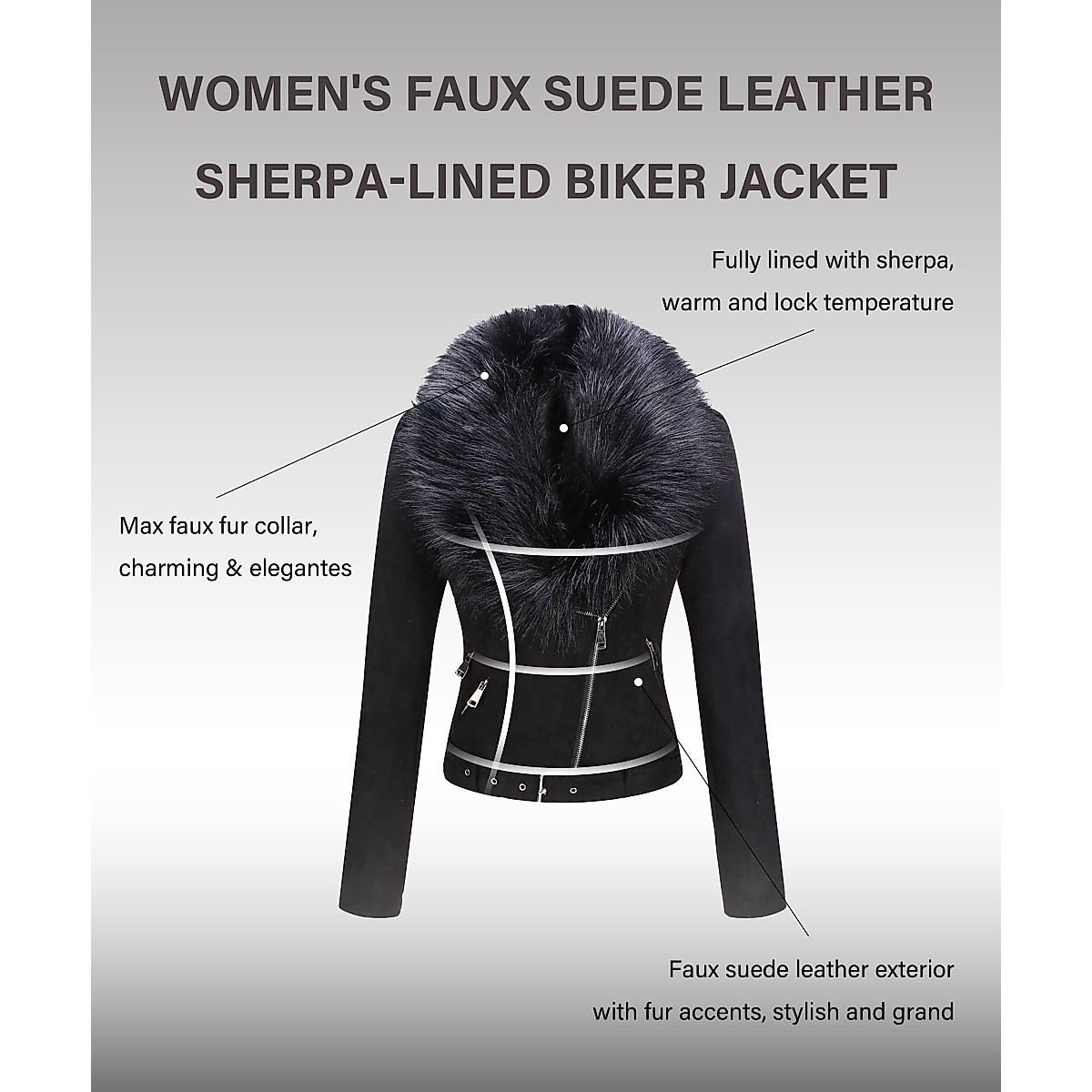 Bellivera Women's Faux Suede Leather Jacket Moto Fleece-Lined Coat with Detachable Fur Collar 8830 Black XXL