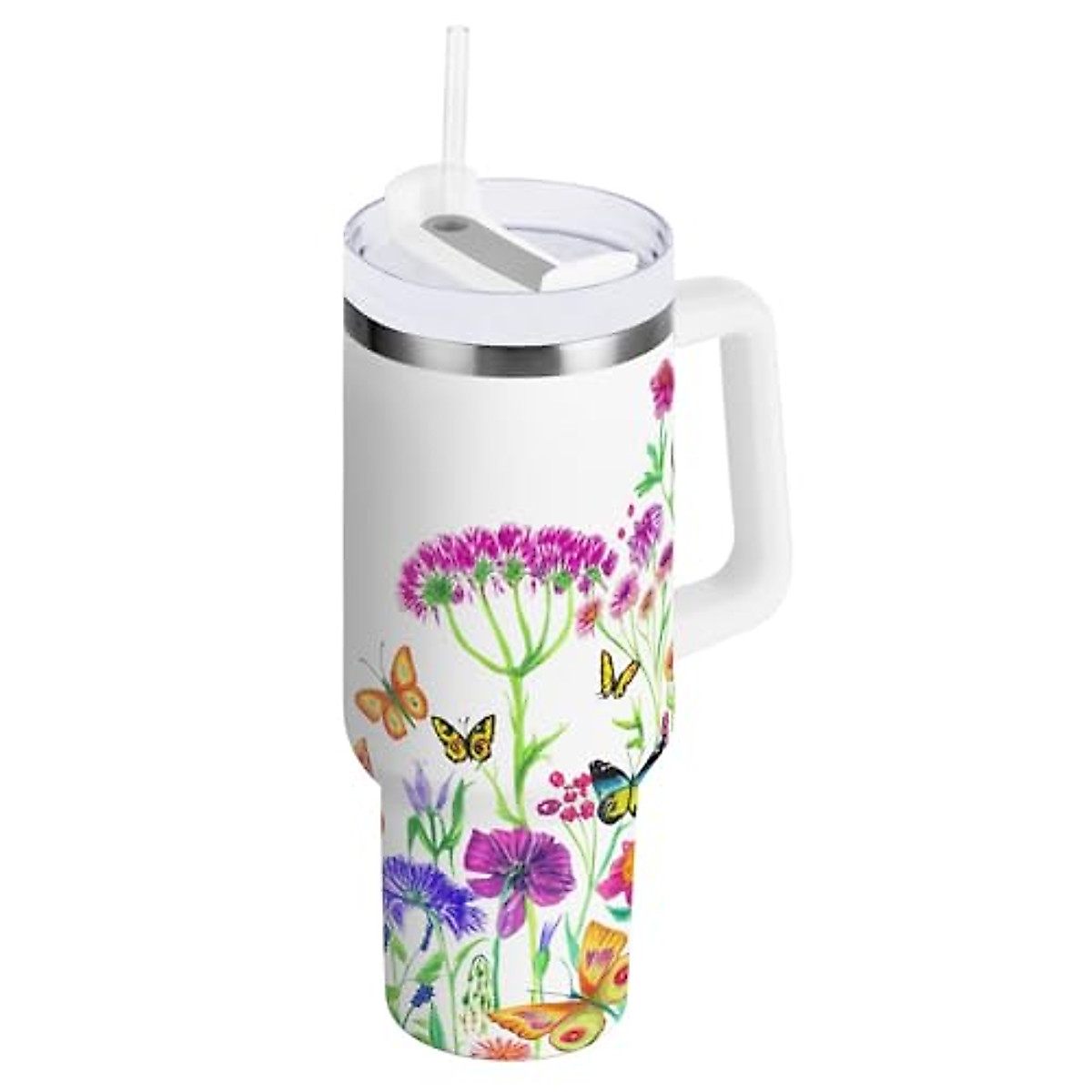 ODAWA 40 Oz Wildflower Butterflies Stainless Steel Insulated Tumbler with Handle and Straw Travel Insulated Tumblers