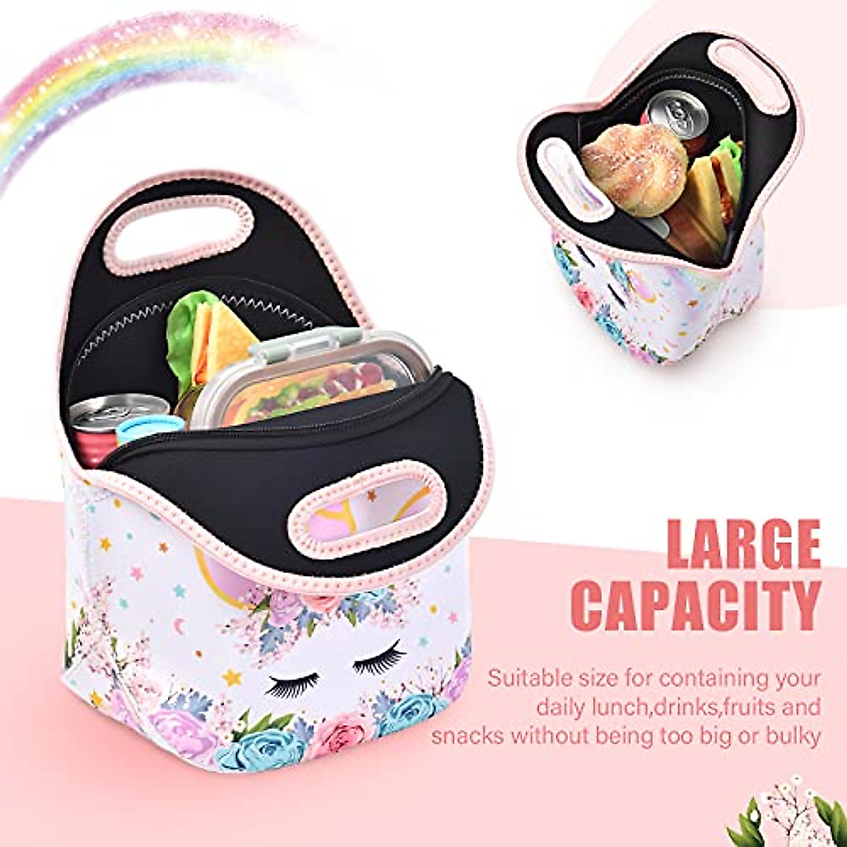 Unicorn Lunch Bag - Neoprene Insulated Lunch Box for Girls School Picnic Shopping Lunch Handbag Waterproof Reusable Lunch Tote Bag Gourmet Tote with Zipper