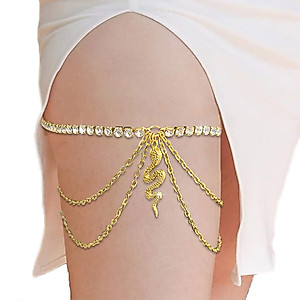 Asooll Gold Crystal Leg Chain Snake Rhinestones Thigh Chain Layered Leg Body Jewerly Fashion Beach Party Rave Body Accessories Jewelry for Women and Girls