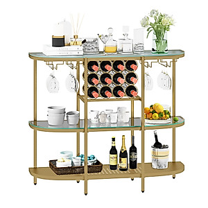 O&K FURNITURE Industrial Wine Rack Table with Glasses Holder, Liquor Bar Cabinet with Wine Storage, Freestanding Floor Wine Cabinet for for Bar, Buffet, Living Room