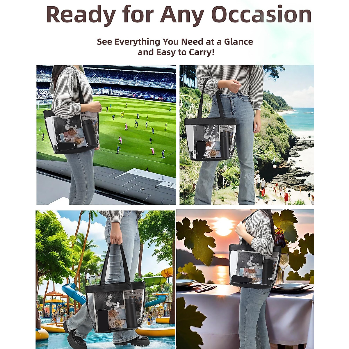 Large Clear Tote Bag Stadium Approved Plastic Yarn Holder for Crocheting Supplies Knitting Crochet Project Bag Craft Storage Transparent See Through Purse for Stadium Events 12 x6 x12, Black