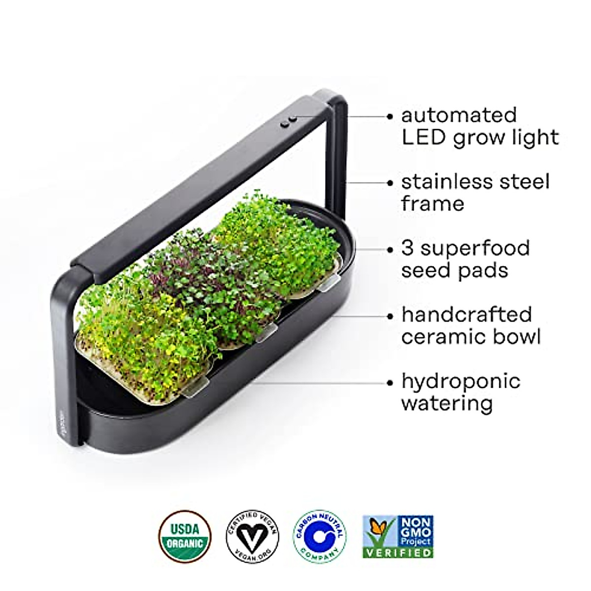 ingarden Superfood Microgreens Indoor Growing Kit with 3 Starter Seed Pod Trays and Grow Light, Smart Indoor Garden (Ceramic) | Jet Black