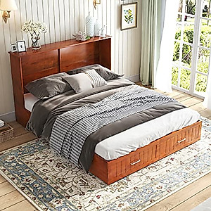 BALUS Murphy Bed Cabinet with Mattress,Modern Muti-Functional Cube Cabinet Bed with USB Charging Station&2 Large Drawers&3 Level Folding Foam Mattress for Living Room/Loft/Apartment,Queen (Redwood)