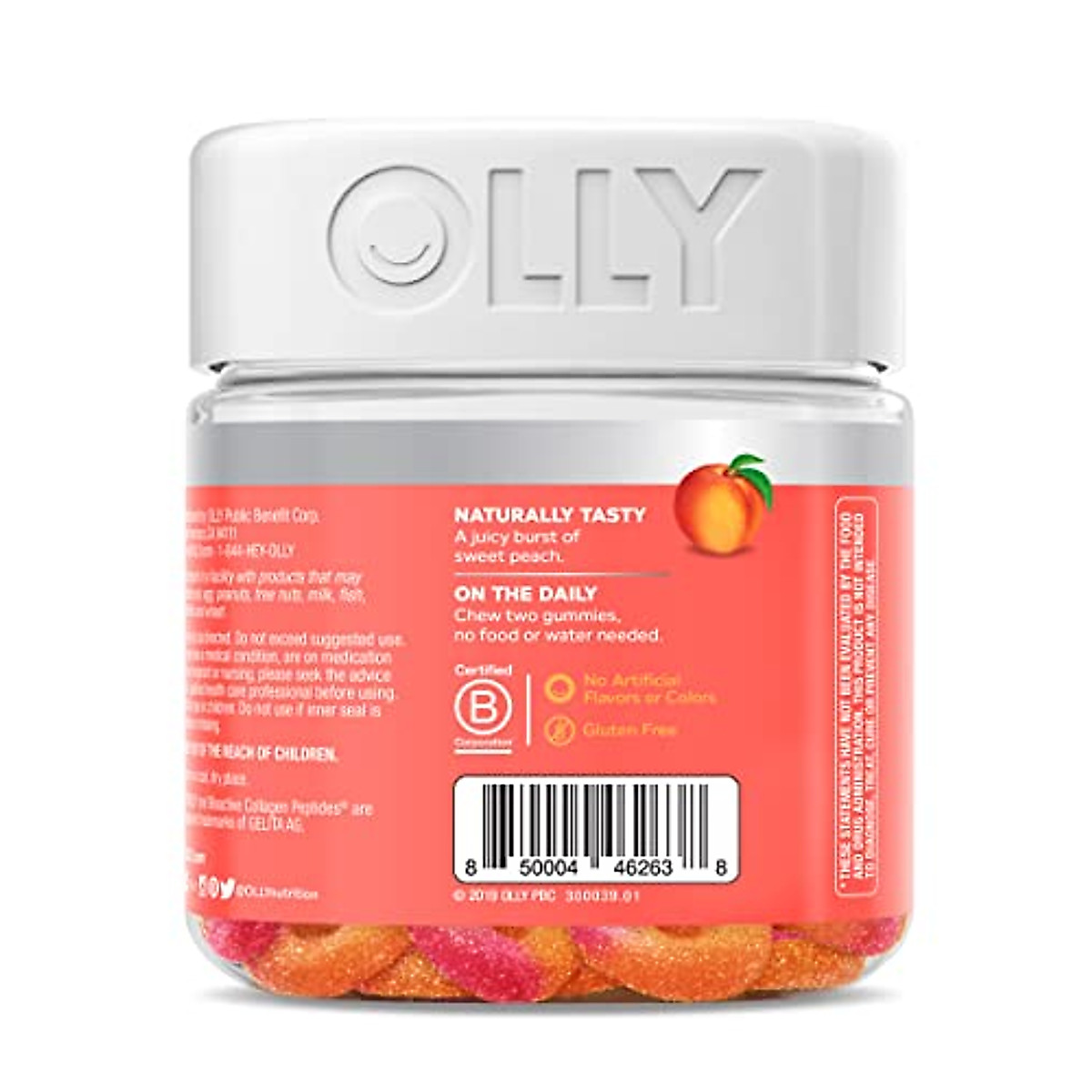 OLLY Collagen Gummy Rings, 2.5g of Clinically Tested Collagen, Boost Skin Elasticity & Reduce Wrinkles, Adult Supplement, Peach Flavor, 30 Count