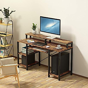 TechLand Industrial Computer Desk with Storage Shelves/Keyboard Tray/Monitor Stand, Modern Study Writing Table Workstation for Home Office