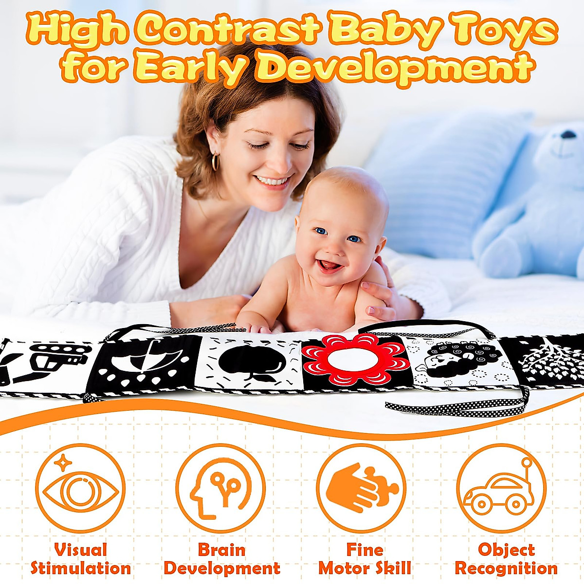 Black and White High Contrast Baby Toys 0-6 Months Montessori Tummy Time Toys Sensory Crinkle Toys for Baby Newborn Infant 0-3 3-6 Months Soft Cloth Books Carseat Toys for Baby Boy Girl Gifts