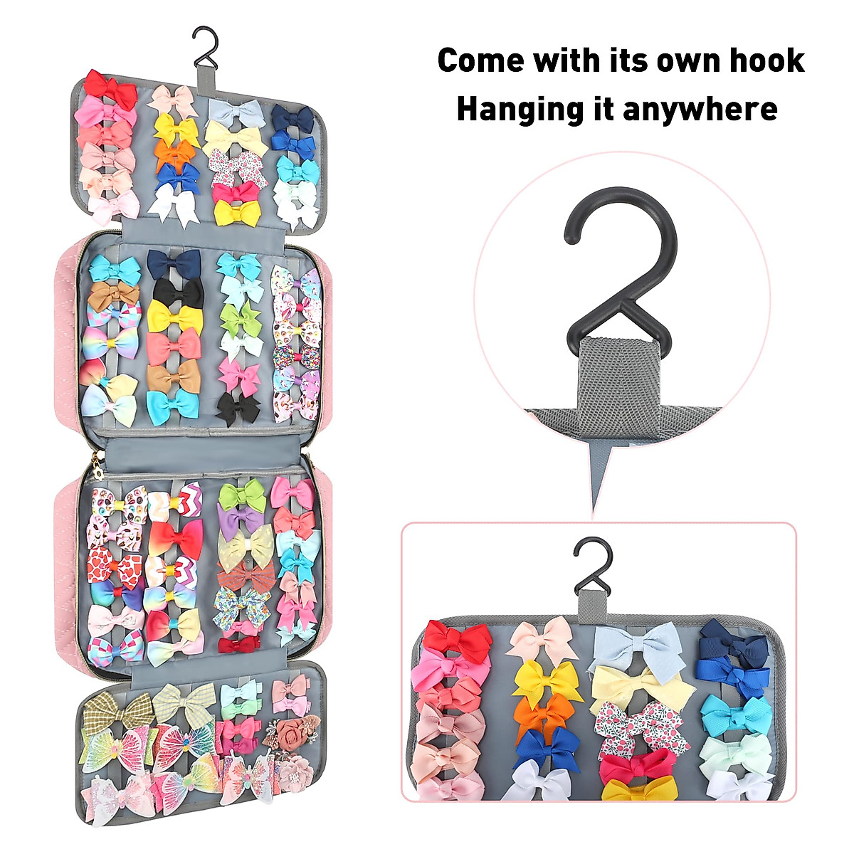 MICOM Hanging Hair Accessories Storage Bag for Girls, Hair Bow Organizer, Hair Accessories Storage Carrying Case for Display Hair Clips, Headbands, Scrunchies, Hair Ties Holder with Hook (pink)