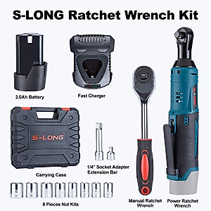 S-LONG Cordless Electric Ratchet Wrench Set, 3/8" 400 RPM 12V Power Ratchet Driver with 10 Sockets, 2000mAh Lithium-Ion Battery and 60-Min Fast Charge