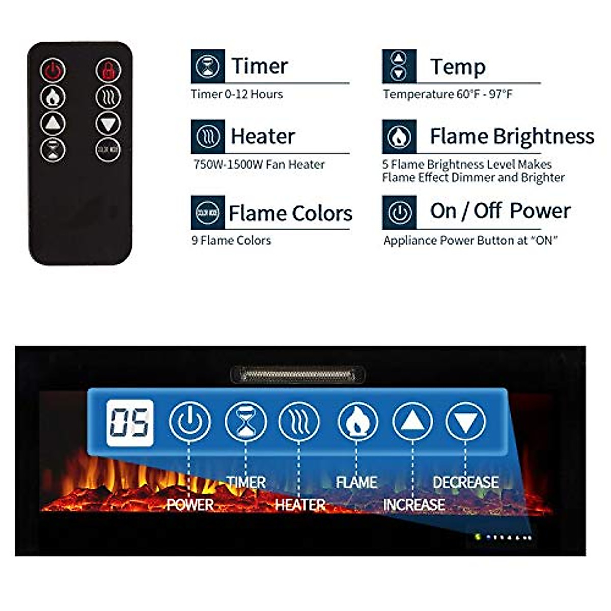 Homedex 50" Recessed Mounted Electric Fireplace Insert with Touch Screen Control Panel, Remote Control, 750/1500W, Log/Crystal Options