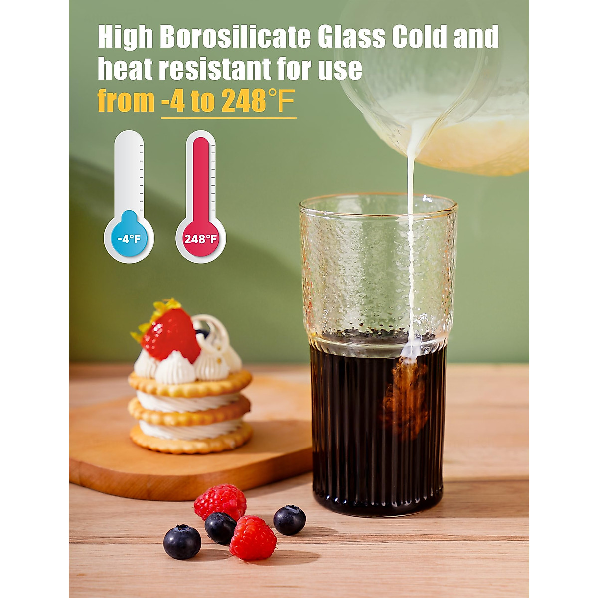 NiHome High Borosilicate Glass Tumbler Cup with Lid and Straw, 22oz Clear Iced Coffee Glass Cups Drinking Jars Glasses Smoothie Tea Cup with Straws, Wide Mouth Water Tumbler With Muffler Ring - 2 Pack