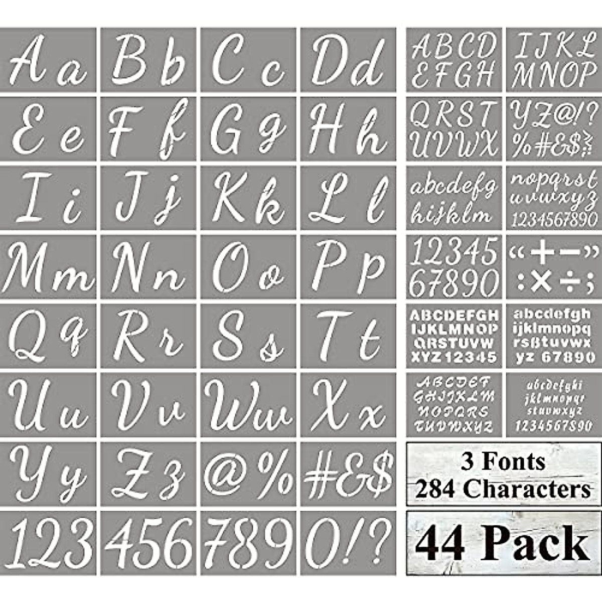 Large Letter Stencils for Painting on Wood - 44 Pack Alphabet Letter Number Stencil Templates with Signs, Reusable Plastic Stencils in 3 Fonts and 284 Designs for Chalkboard Fabric Wood Signs
