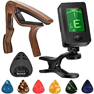 Guitar Capo, Guitar Picks, Guitar Accessories with Guitar Tuner, Capo for Acoustic Guitar, Bass, Buzzing-Free, Quick Release, Guitar Tuner Clip on for Guitar, Violin, Bass, Ukulele Chromatic, Rosewood